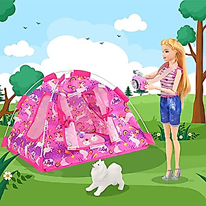 Ecore Fun 15 Pcs Doll Camping and Accessories Set for 11.5 Inch Girl Doll Includes Doll Tent, Clothes, Chair, Camera, Drink, Cupcake, Donut, Telescope, Toy Dog, Bag