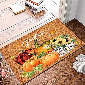 Entrance Mat Pumpkin Sunflower Maple Leaves Farmhouse Thanksgiving Funny Coir Doormat with Heavy Duty Fall Gather Coir Mat Outdoor - Front Door Entryway Mats Housewarming Gift 16x24in