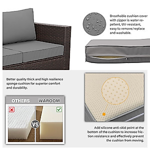 Outdoor PE Wicker Patio Furniture Set 4 Piece Dark Brown Rattan Sectional Loveseat Couch Set Conversation Sofa with Storage Box Glass Top Table and Non-Slip Grey Cushion