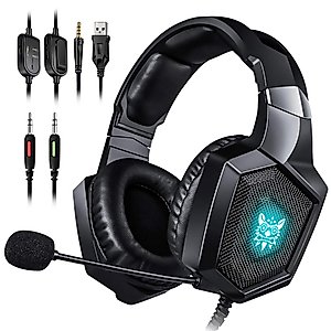 Gaming Headset for Xbox with Mic, OPPSK Gaming Headset for PS4, PC Surround Sound Over-Ear Headphones Compatible with Noise Canceling, LED Light, Soft Memory Earmuffs, Volume Control