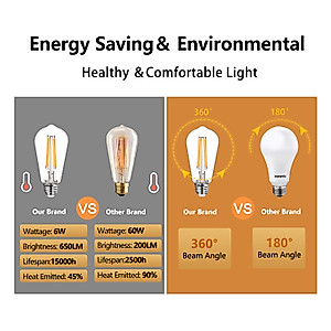 BORT ST58/ST19 Vintage LED Edison Bulbs, Warm White 2700K, Dimmable 6W Edison Light Bulbs, 60W Equivalent, 700LM, E26 Standard Base Filament LED Bulb, Clear Plastic - 12Pack