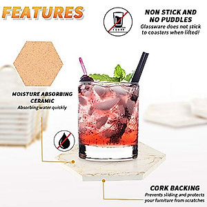 Marble Coasters for Drinks Absorbent with Cork Base, 8pcs Drink Coasters for Wooden Table with Metal Holder, Gold Ceramic Cup Coaster Set Rustic Home Decor for Living Room Bar - Housewarming Gifts