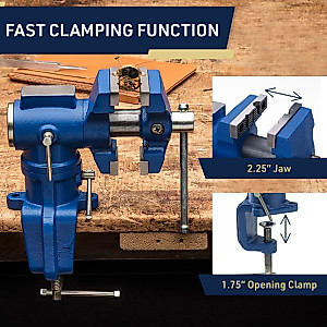 Universal Bench Vise Grip - Multi-Position Modular Cast Iron Woodworking and Metal Working Table Vise with 2 Rotating Jaws and Anvil - Portable Grip with 2-1/4" Max Jaw Opening by Kings County Tools