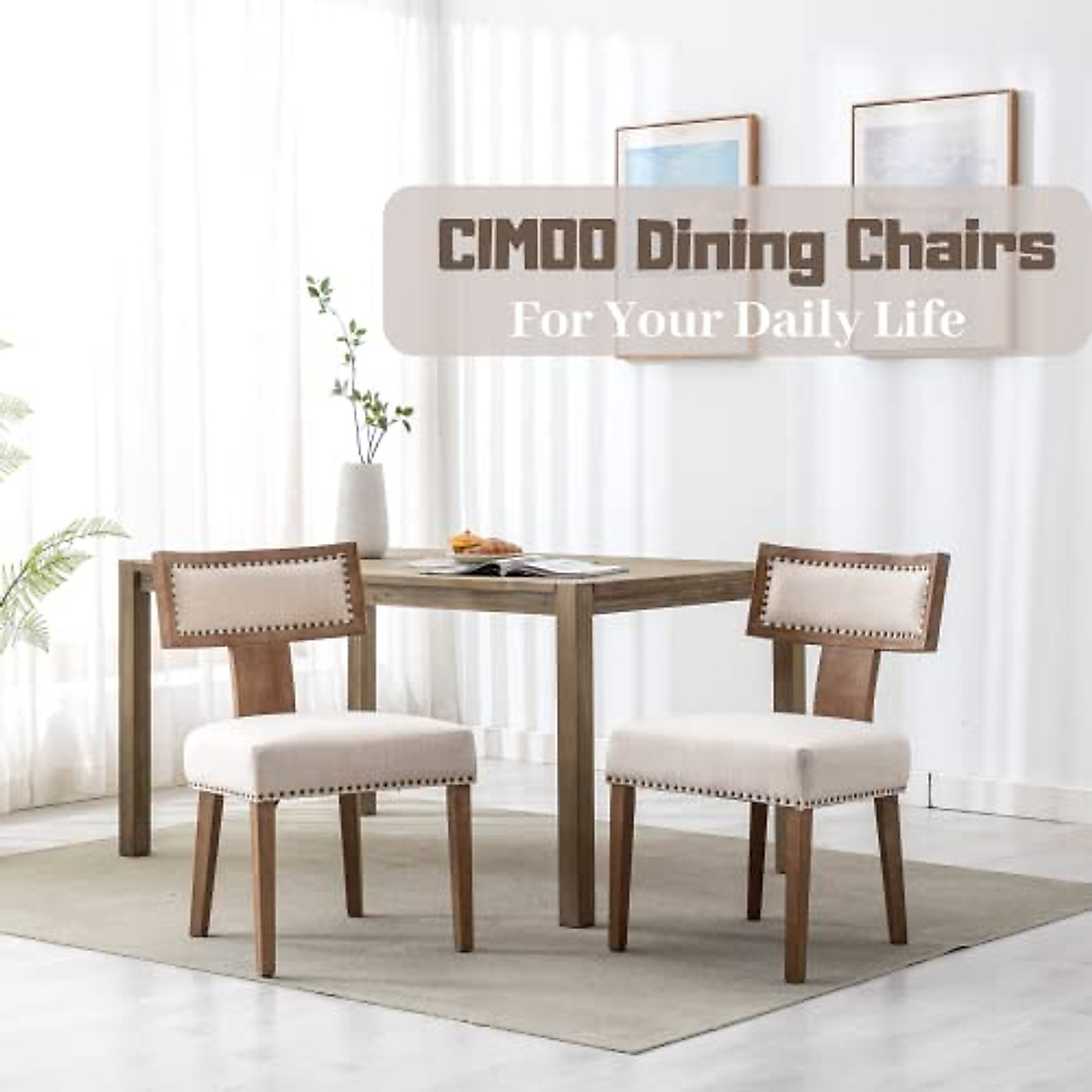CIMOO Mid Century Modern Dining Chairs Set of 2 Linen Upholstered Dining Chairs Farmhouse Dining Room Chairs with Nailhead Trim Back Wood Legs, Beige and Natural