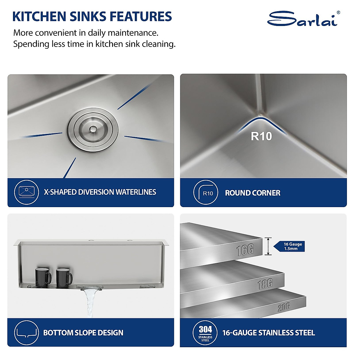 Sarlai Drop In Kitchen Sink - 33x22 Drop In Kitchen Sink Ledge Workstation 16 Gauge Stainless Steel Topmount Deep Single Bowl Over Counter Kitchen Sinks Basin Round Corners