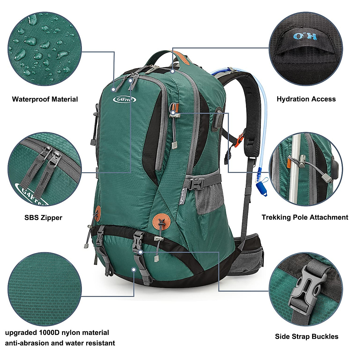 G4Free 50L Hiking Backpack Waterproof Daypack with 2L BPA Free Bladder for Outdoor Camping Climbing Backpack with Rain Cover