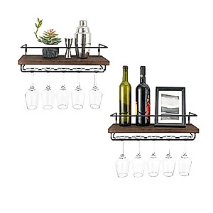 Dahey Wall Mounted Wine Rack Rustic Wood Floating Shelves with Stemware Wine Glasses Holder Champagne Bottle Display Storage for Kitchen Dining Room Bar Home Decor, Set of 2