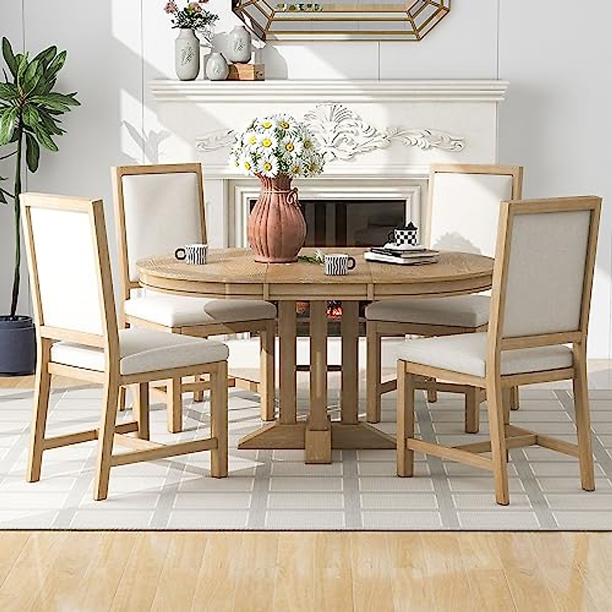 Dinehome 5-Piece Round Extendable Table Set for 4 with Four Upholstered Chairs, for Dining Room, Natural Wood Wash