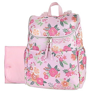 Multi-Function Floral Diaper Backpack and Travel Nappy Baby Bag with Changing Pad and Stroller Straps (Pink Floral)
