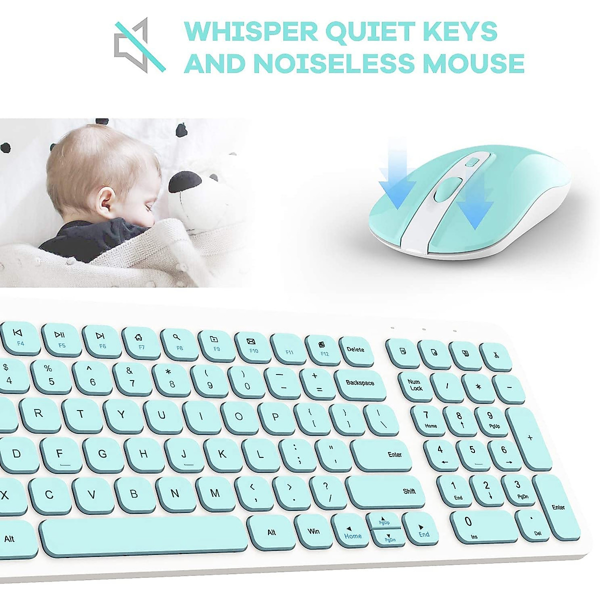 SOOOO Wireless Keyboard and Mouse Combo, Ultra Thin Quiet Portable Wireless Keyboard and 2.4GHz Wireless Mouse with Nano USB Receiver for Windows Laptop PC Notebook (White(Blue Keys))