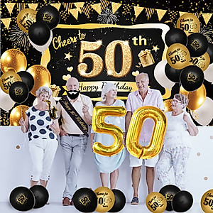 50th Birthday Decorations for Men Women,90 PCS Black Gold 50th and Fabulous Birthday Decorations,Including 50th Birthday Banner Backdrop,Crown,Balloons,Plates, Photo Props, Sash,50th Birthday Gifts