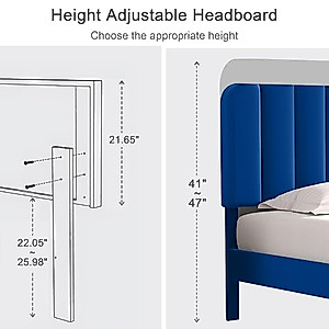 VECELO Twin Size Upholstered Bed Frame with Adjustable Headboard, Velvet Platform Bedframe Mattress Foundation, Strong Wood Slat Support, No Box Spring Needed, Dark Blue