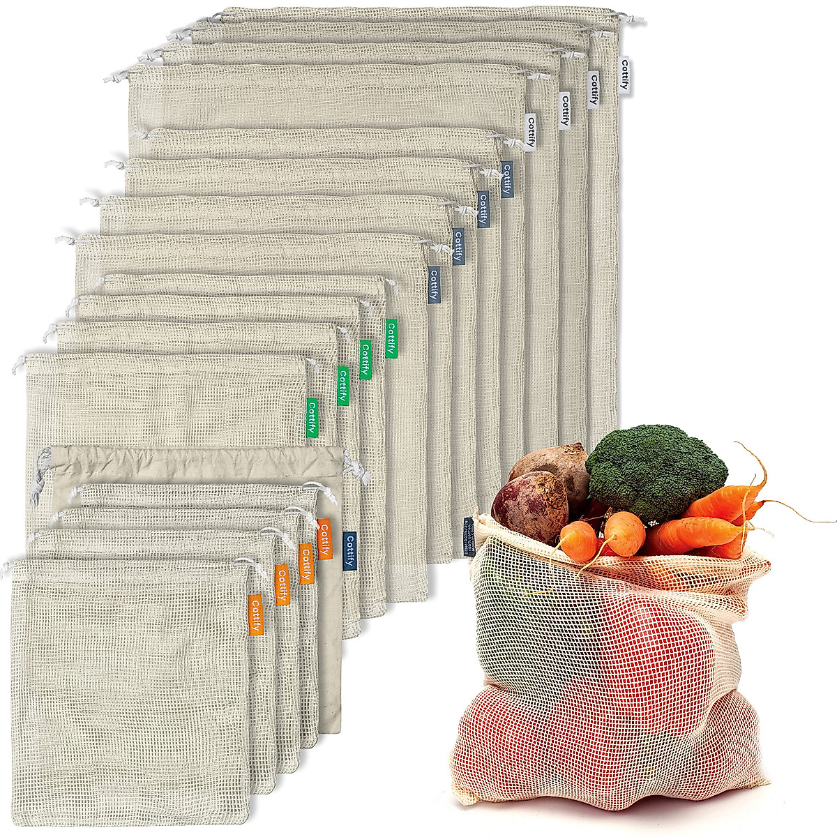 17 Reusable Cotton Mesh Produce Bags - 100% Organic Cotton, Durable, Double Stitched, Washable with Tare Weight & Drawstring - Mesh Bags for Grocery Shopping, Vegetables & Fruits, produce bgs 4 sizes