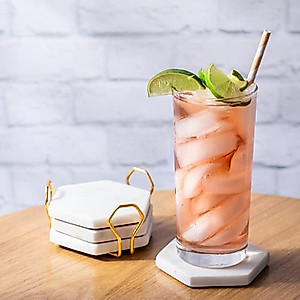 Cork & Mill Marble Coasters for Drinks - Set of 4 Handcrafted Hexagon Coasters with Holder