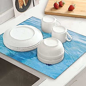 Happy Dolphin Printed Drying Mat For Kitchen Ultra Absorbent Microfiber Dishes Drainer Mats Non-Slip Silicone Quick Dry Pad - 18 X 16inch