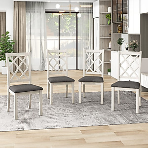 VilroCaz Modern Dining Table Set for 4, Mid-Century Solid Wood 5-Piece Round Set, 42'' with 4 Upholstered Chairs, Anti-Slip Pad and Splayed Feet Small Places (Brown-White)