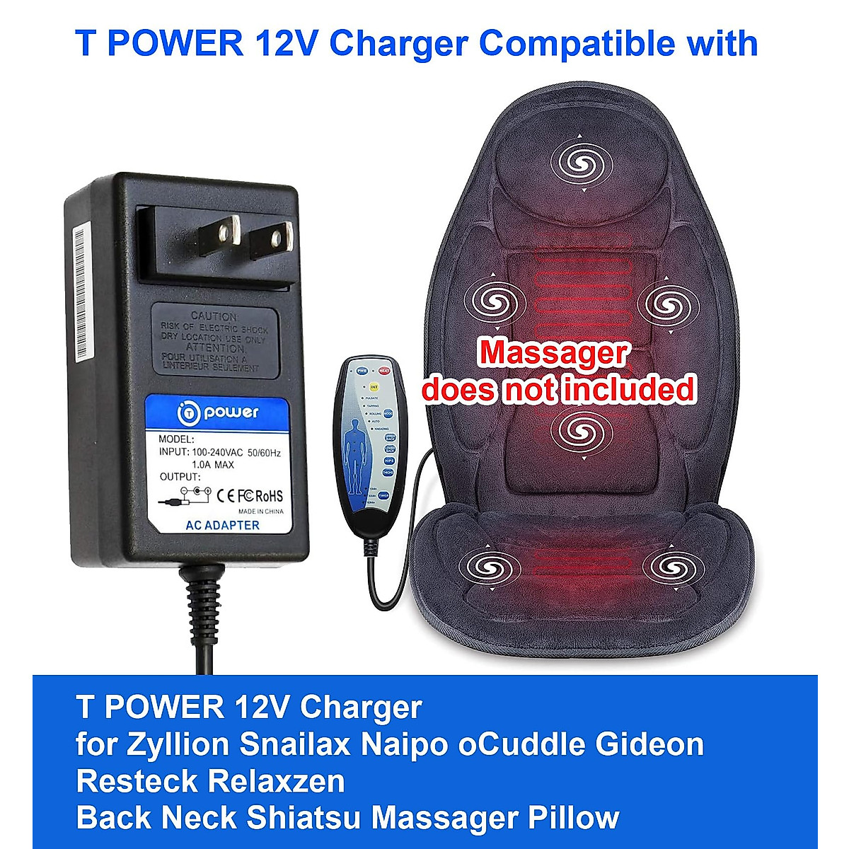 T POWER 12V Charger for Zyllion Snailax Naipo oCuddle Gideon Resteck Relaxzen TruMedic Back Neck Shiatsu Massager Pillow ZMA-25, ZMA-19, ZMA-13 Ac Dc Adapter Power Supply
