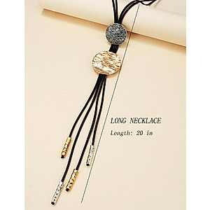 KISSKIKO Long Necklaces Tassel Sweater Chain for Woman | Girls Retractable Lucky Disk Pendant | Gold/Silver Black Ore Rhinestones PU Leather Rope Y Necklace Gift