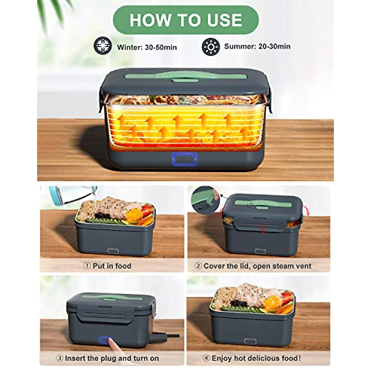 Monteka Electric Lunch Box Food Heater Upgrade 60/80/100W Double Layer Portable Food Warmer, 12V/24V/110V Heated Lunch Box for Adults Car Truck Home with 1.8L Removable Stainless Steel Container