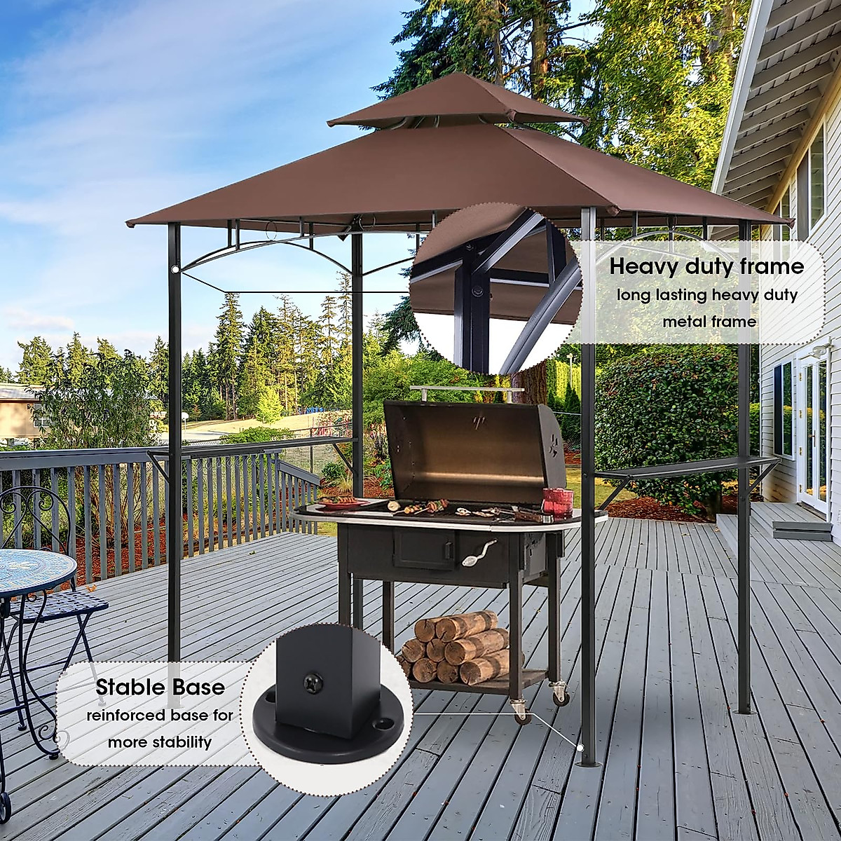 8'×5' Grill Gazebo, Outdoor BBQ Gazebo with Double Tier Canopy Roof, Barbeque Gazebo with 2 Shelves