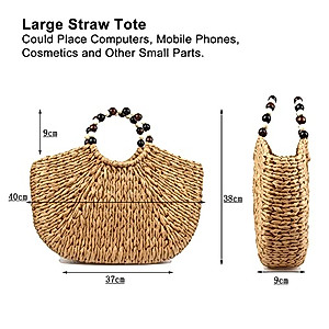 Comeon Natural Straw Bag, Hand Woven Casual Tote Bag Summer Beach Bag, Bead decoration Handle Handbags (Camel)