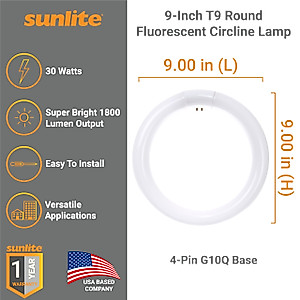 Sunlite FCL30/50K T9 Round Fluorescent Circline Lamp, 30 Watts, 1800 Lumens, 5000K Daylight, 10000 Rated Hours, RoHS Compliant, G10Q 4-Pin Base, 1 Pack