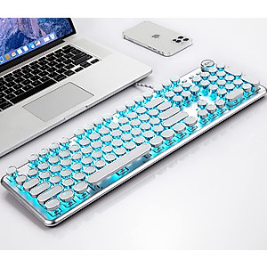 Alkem Mechanical Gaming Keyboard with 30 LED Backlits White Retro Typewriter Keyboard Full-Size 104 Keys USB Wired Retro Steampunk Keyboard Blue Switch Ergonomic Keyboard Metal Panel (Silver)