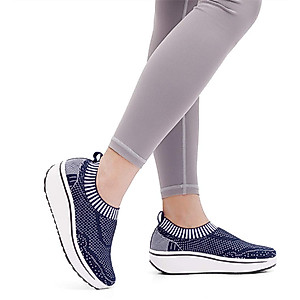 DADAWEN Women's Slip On Breathable Walking Shoes Comfort Fitness Wedge Platform Sneakers Navy US Size 7.5