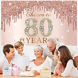 Large Cheers to 80 Years Birthday Decorations for Women, Pink Rose Gold Happy 80th Birthday Banner Backdrop Party Supplies, Eighty Birthday Poster Background Sign Decor