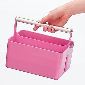 mDesign Plastic Shower Caddy Storage Organizer Utility Tote, Divided Basket Bin - Metal Handle for Bathroom, Dorm, Kitchen, Holds Soap, Shampoo, Conditioner - Aura Collection - Rose Pink/Satin