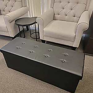 KEYWORD FAMILY 43 in Folding Leather Storage Ottoman Bench, Rectangular Black Footrest， Foam Pouf Tray Footstool with Storage, for Living Room, Bedroom& Hallway