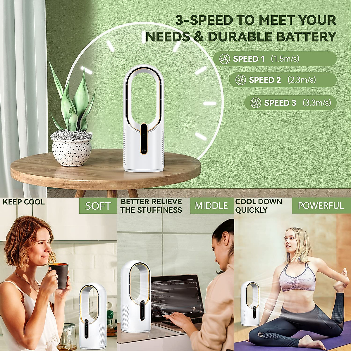 let'me Desk Fan, 12in Quiet Bladeless Fan Rechargeable Desktop Fan, Small Fan For Desk Cooling With 3 Speeds, Touch Control, Usb Cord, Personal Fan For Bedroom, Office, Home