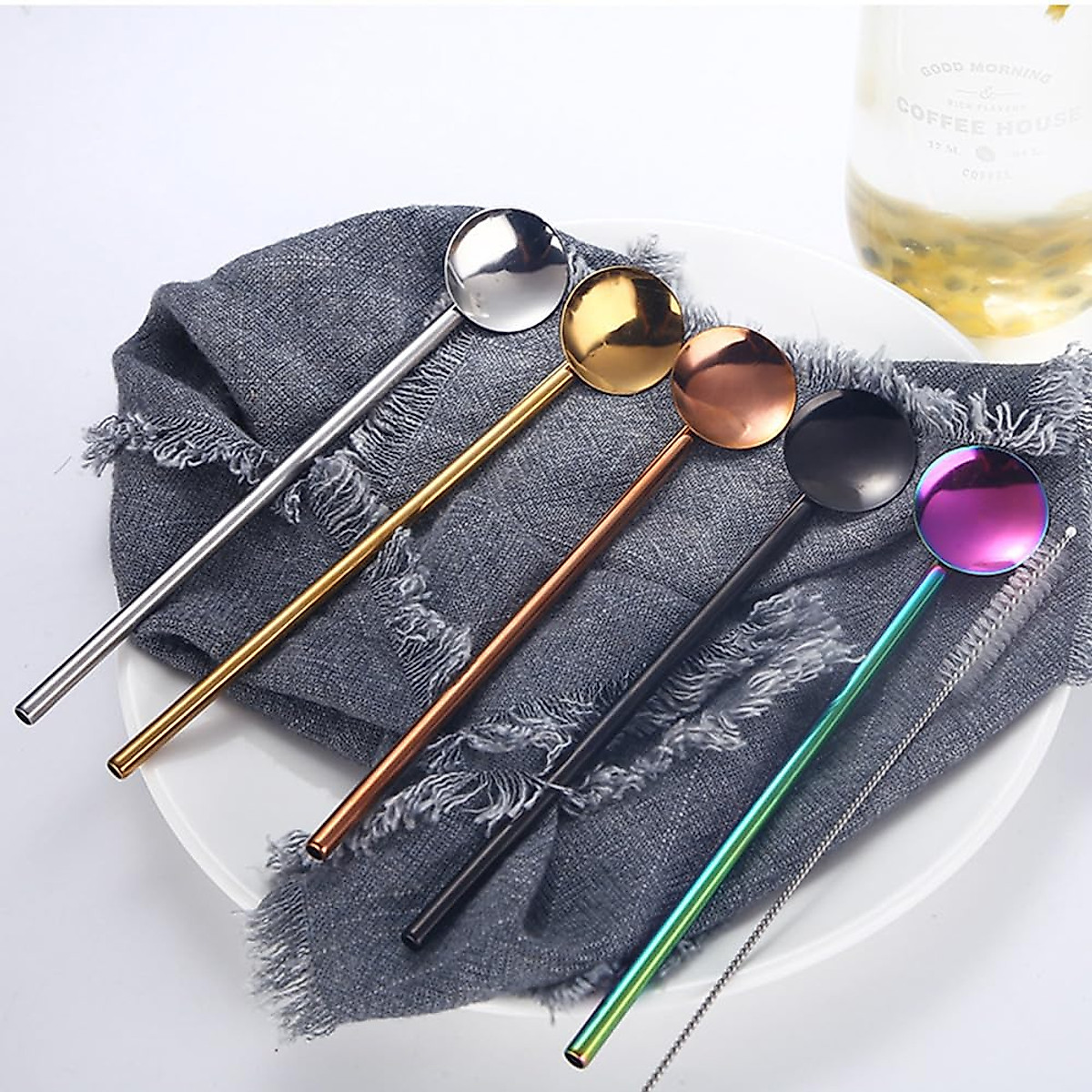 AKOAK 5 Pcs Stainless Steel Straw Spoon, Tea Spoon with Straw, Reusable Metal Cocktail Spoon, Perfect for Iced Coffee, Iced Tea, Juice, Smoothies, Milkshakes, for Drinking, Mixing and Stirring