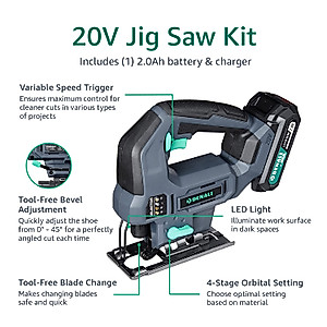 Amazon Brand - Denali by SKIL 20V Cordless Jig Saw Kit with 2.0Ah Lithium Battery and 2.4A Charger, Blue