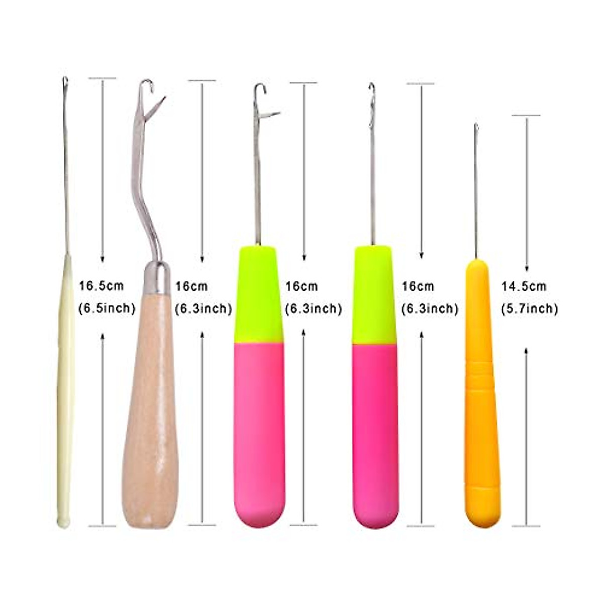 5 Pcs Hair Crochet Hook Bent Latch Hook Crochet Needle Set Tool Knitting Ventilating Needles for Hair Extension 1 Wooden Bent Latch Hook and 4 Size Plastic Latch Hook