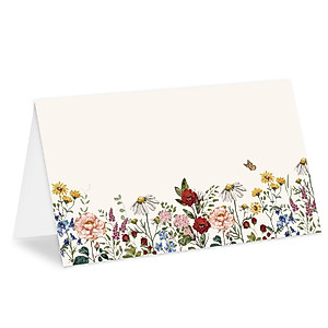 Whaline 100Pcs Floral Place Cards 2 x 3.5 Inch Vintage Wildflower Tented Cards Blank Table Name Sign for Wedding Banquet Bridal Baby Shower Birthday Party Table Setting Supplies