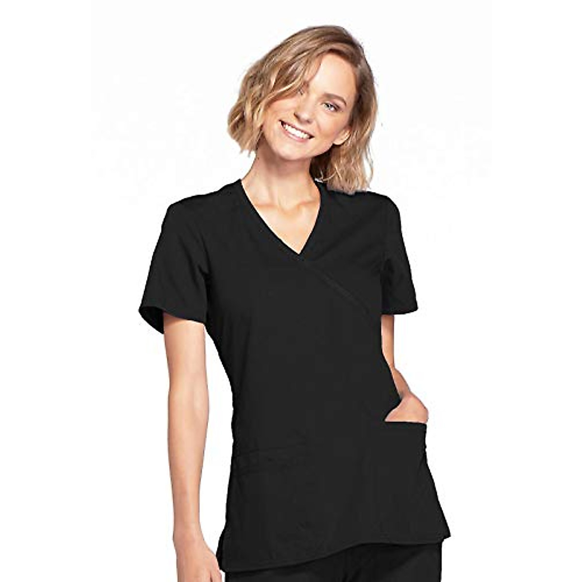 Women's Mock Wrap Top Workwear Originals with Rib-Knit Back Panels WW650, M, Black