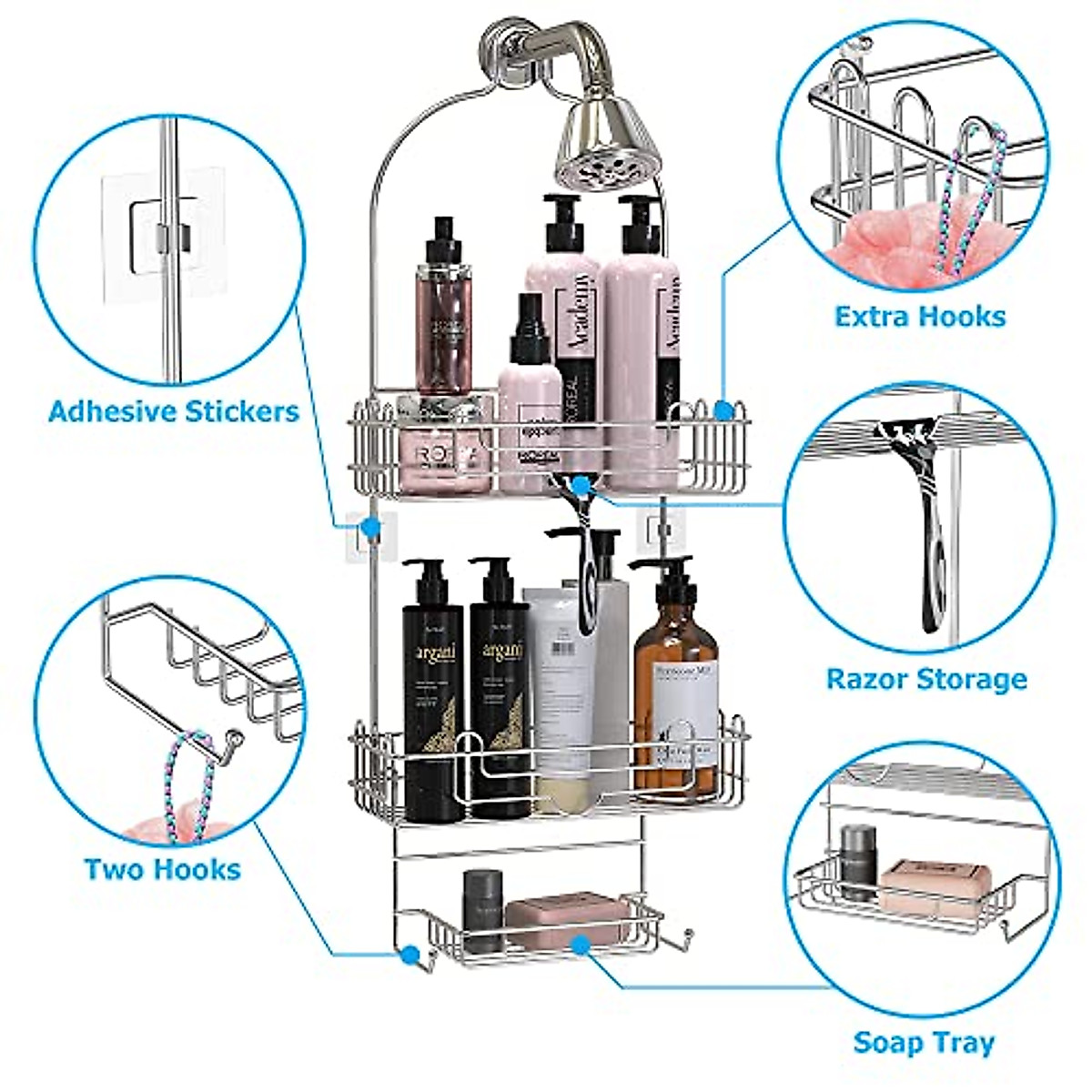 Bextsrack Hanging Shower Caddy Organizer, SUS201 Stainless Steel Bathroom Over Shower Head Caddy for Shampoo, Conditioner, Soap, Towels and More, Chrome