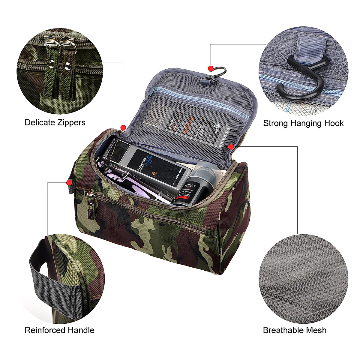 Vercord Mens Toiletry Bag Wash Travel Small Shaving Dop Kit Shower Bathroom Ditty Hygiene Bag Camo Dark Green