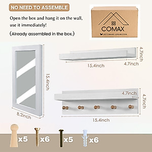 COMAX Nursery Floating Book Shelves with Wall Mirror, Wall Bookshelf for Kids Room Bedroom, Hanging Nursery Book Shelves Wall Mounted Bookshelves, Hanging Baby Book Shelf Nursery Shelves White