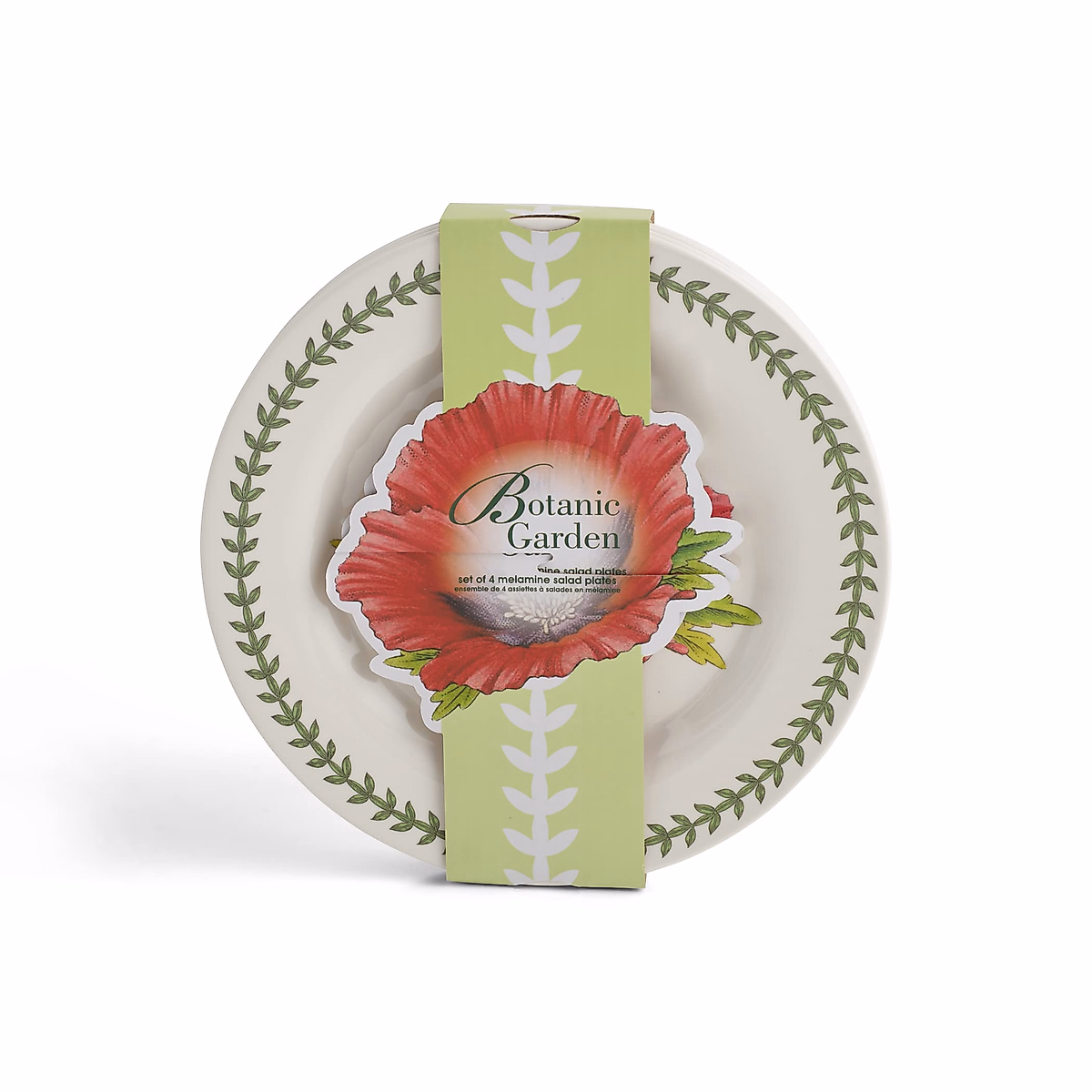 Portmeirion Botanic Garden Collection Salad Plate | Set of 4 Round Salad Plates | 8 Inch Plates with Poppy Motif | Made from Melamine for Indoor and Outdoor use | Dishwasher Safe