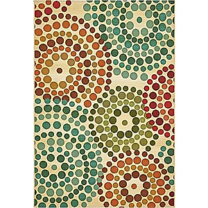 Unique Loom Modern Collection Geometric, Abstract, Circles, Colorful, Indoor and Outdoor Area Rug, 5 ft 3 in x 8 ft, Beige/Blue