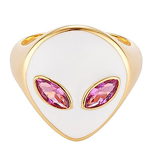 CZ Alien Head Statement Ring for Women 18K Gold Plated White Enameled Pink Crystal Eye Chunky Wide Band Finger Rings Comfort Fit Fashion Unique Cute Jewelry Gifts for Friend Size 8