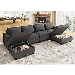 Nolany Corduroy Sectional Couch with Storage Ottoman, U Shape Sectional Sofa with Storage Chaise, Modular Sectional Couches for Living Room, Dark Grey
