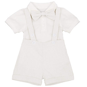 Baby Boys Formal Suit Gentleman Bowtie + Summer Short Sleeve Romper + Suspenders Shorts Button Bib Pants Wedding Tuxedo Outfits 1st/2nd Birthday Cake Smash Christening Clothes 3pcs Set White 0-6M