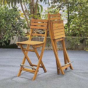 INTERBUILD REAL WOOD Acacia Hardwood Foldable Sofia Bar Height Chair with Foot Rest, 26" Tall, 2 Piece Set - Golden Teak