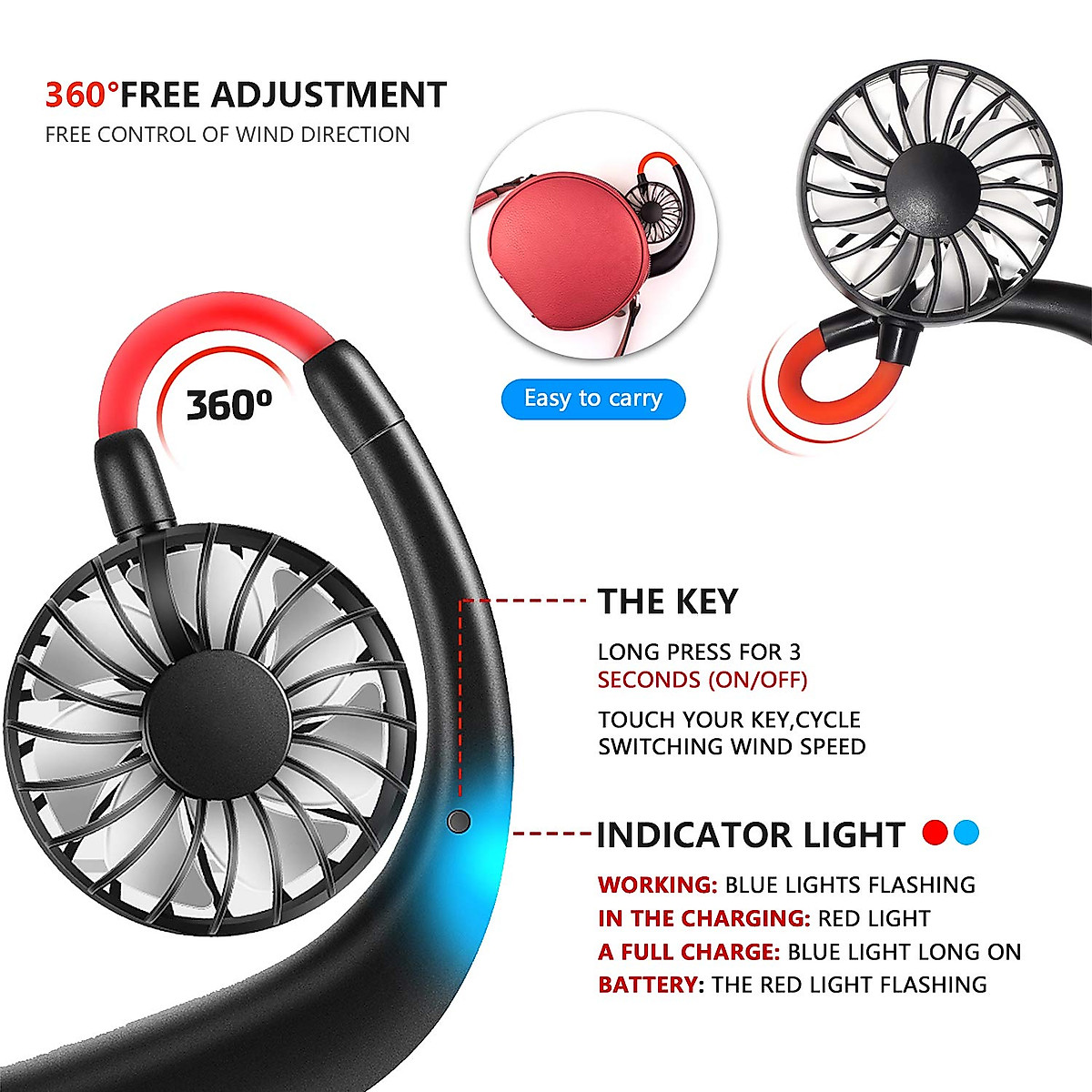 Haomaomao Neck Fan, Portable Fan With 2500 mAh Rechargeable Battery USB Mini Personal Wearable Neckband Sport Fan for Working, Traveling, Office, Reading, Outdoors