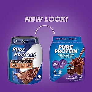 Pure Protein Powder, Whey, High Protein, Low Sugar, Gluten Free, Rich Chocolate, 1 lb (Packaging may vary)