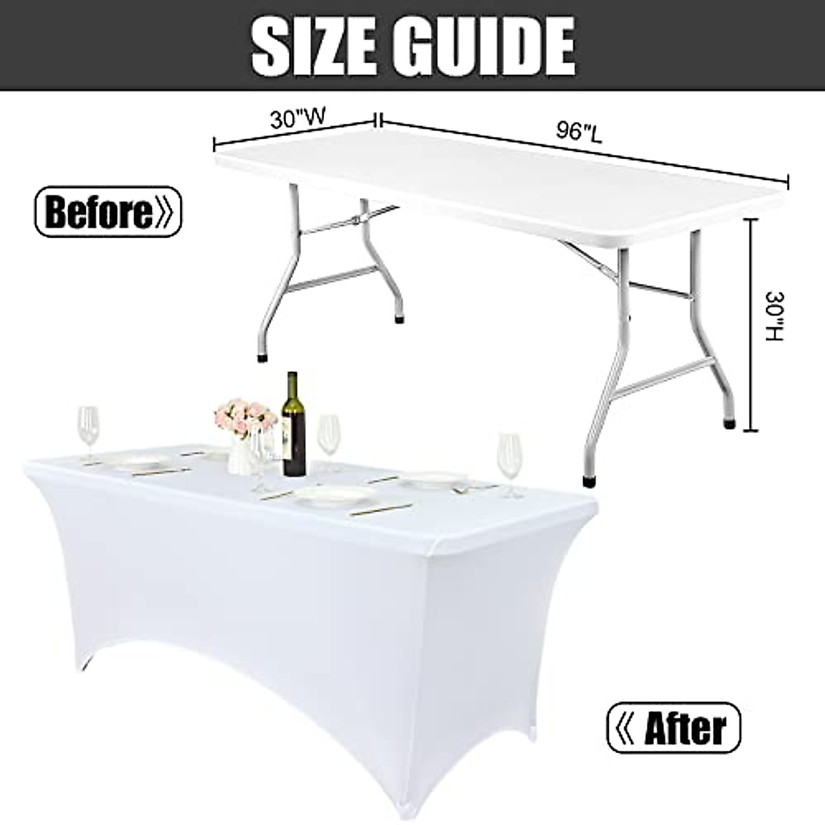 Yastouay 2 Pack 6ft Stretch Table Cloth Spandex Table Cover Tight Fitted for 6ft Rectangular Tables White Washable Tablecloths for Party, Wedding, Banquet, Outdoor (White, 6 Ft)