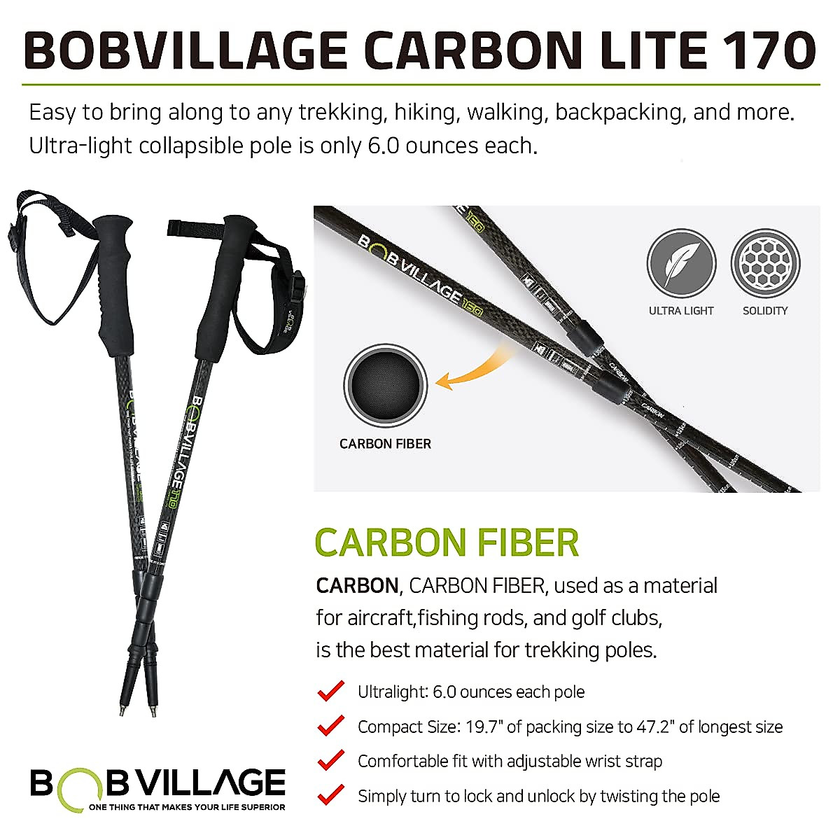 BOBVILLAGE Carbon Fiber Adjustable Trekking Poles, Premium Lightweight Collapsible Shock-Absorbent Hiking Walking Sticks for Backpacking Camping & Trail Running 47IN[Black]